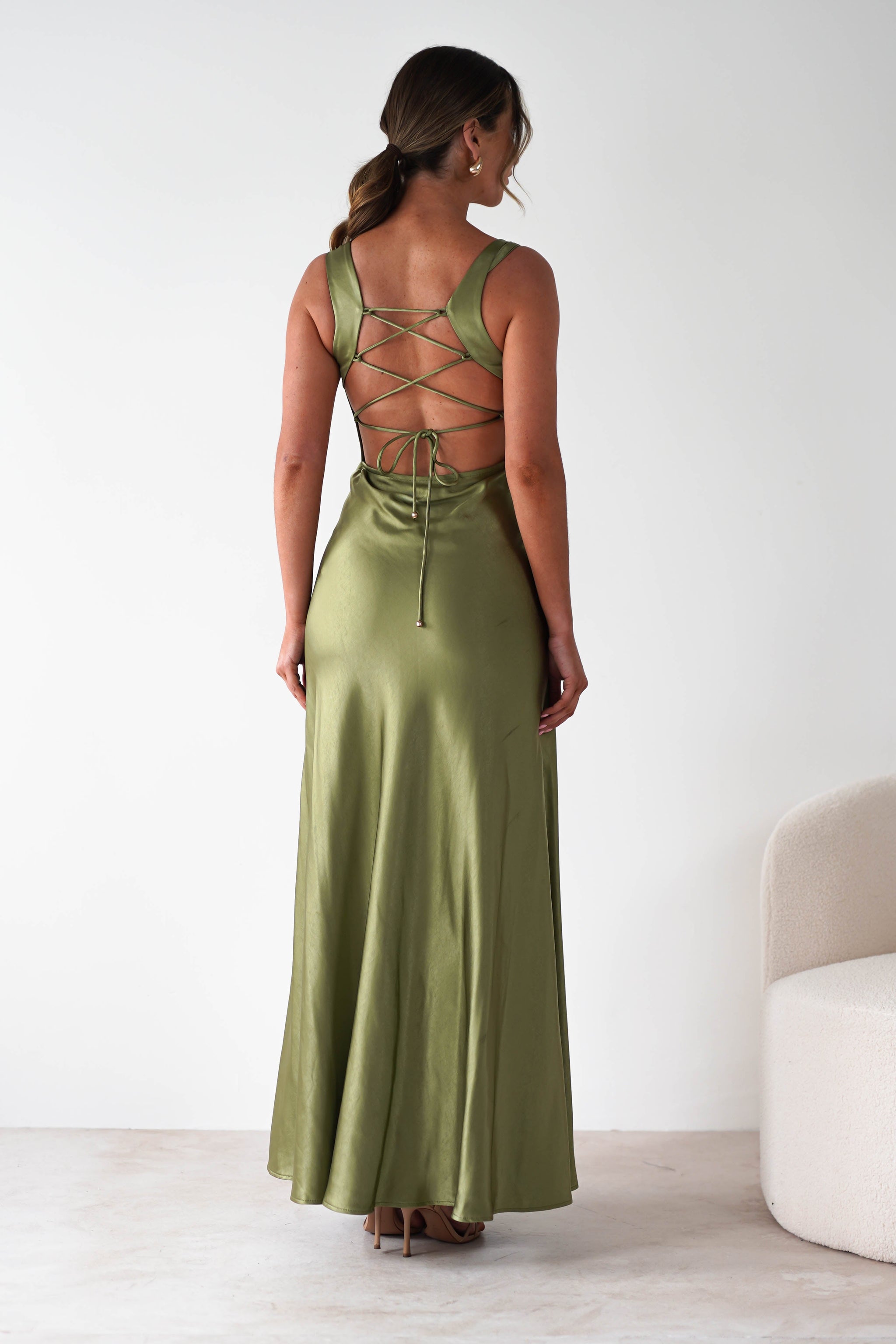 Riviera Soft Satin Maxi Gown | Olive