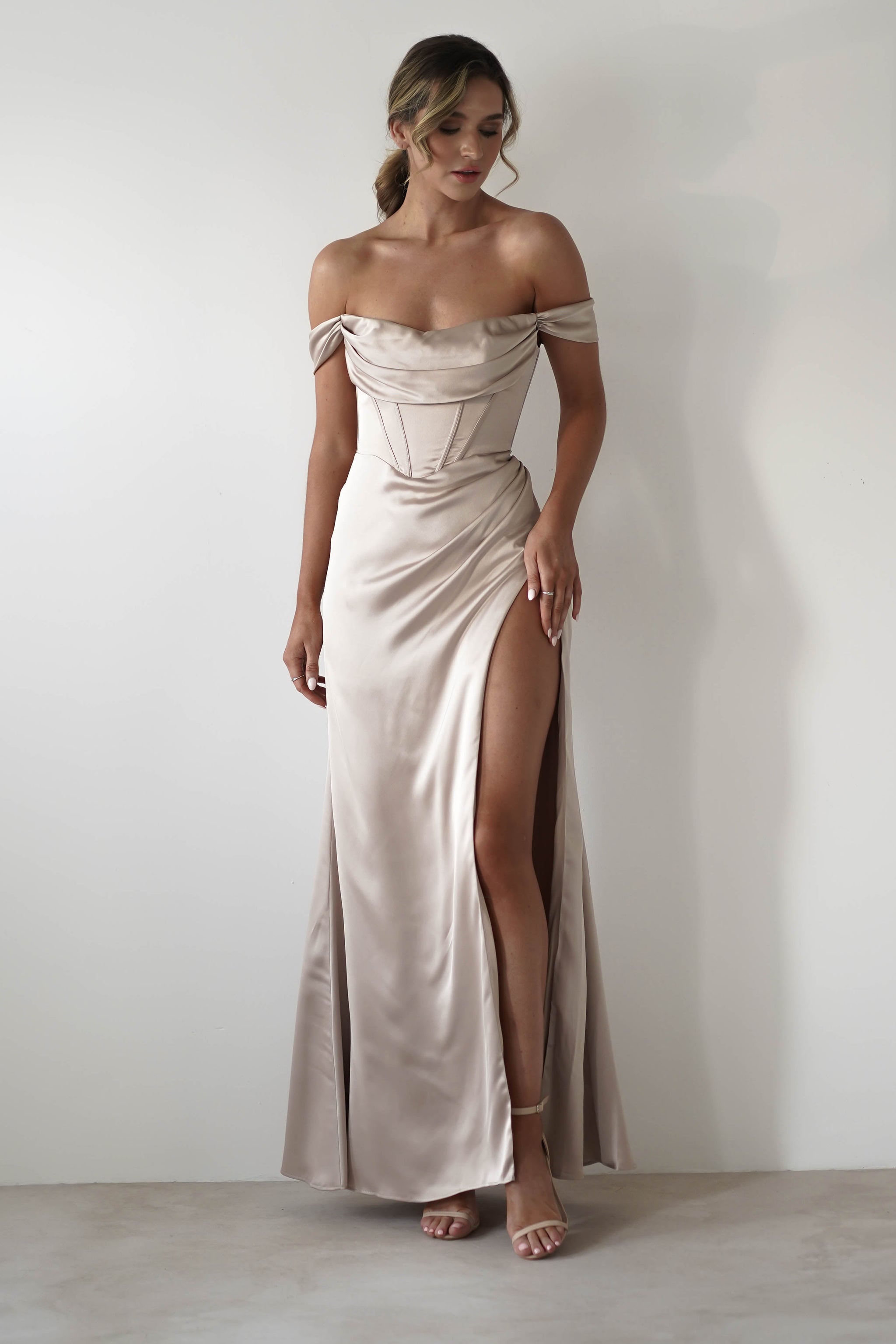 Dionne Soft Coset Maxi Gown | Champagne | Debs & Prom Dress