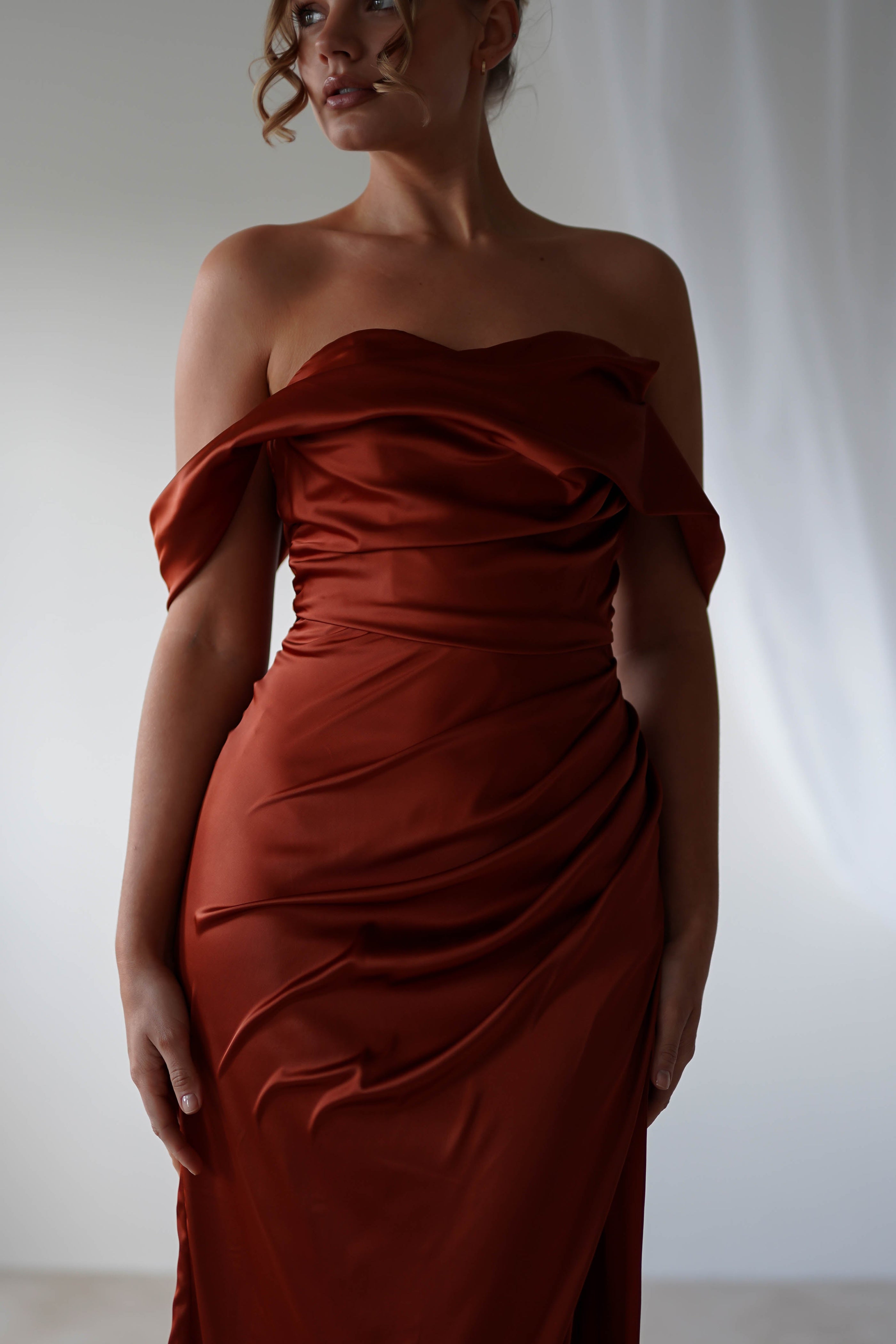 Beth Draped Silky Satin Gown | Rust | Debs & Prom Dress