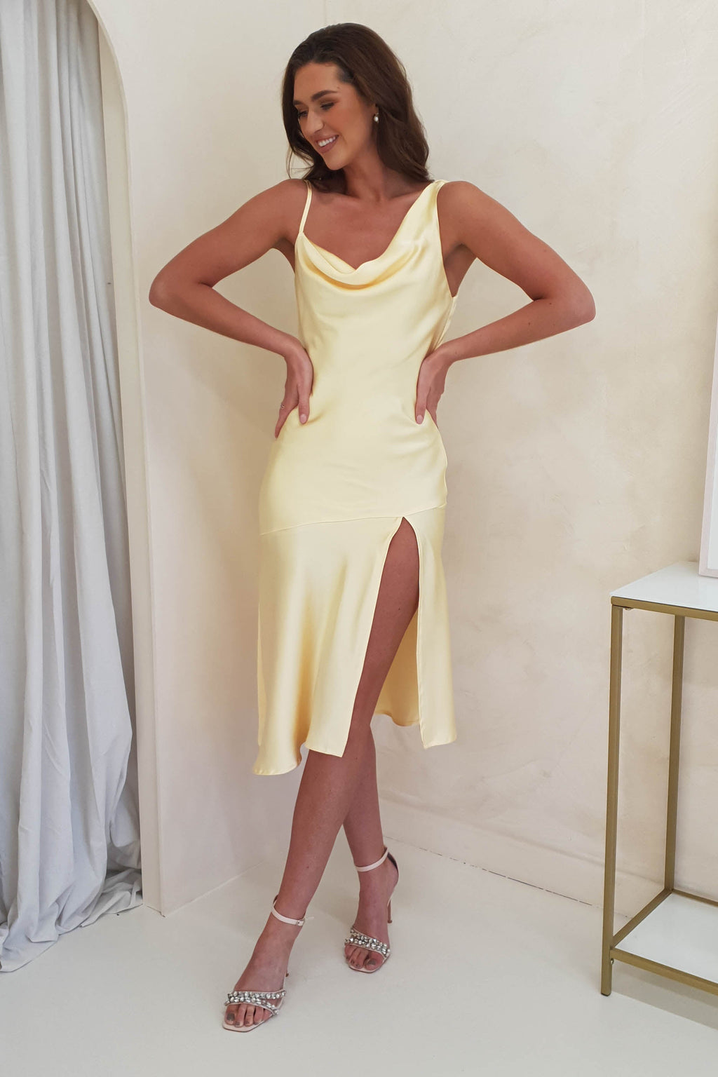 Esther Soft Satin Midi Dress | Buttercup Yellow – Oh Hello Clothing