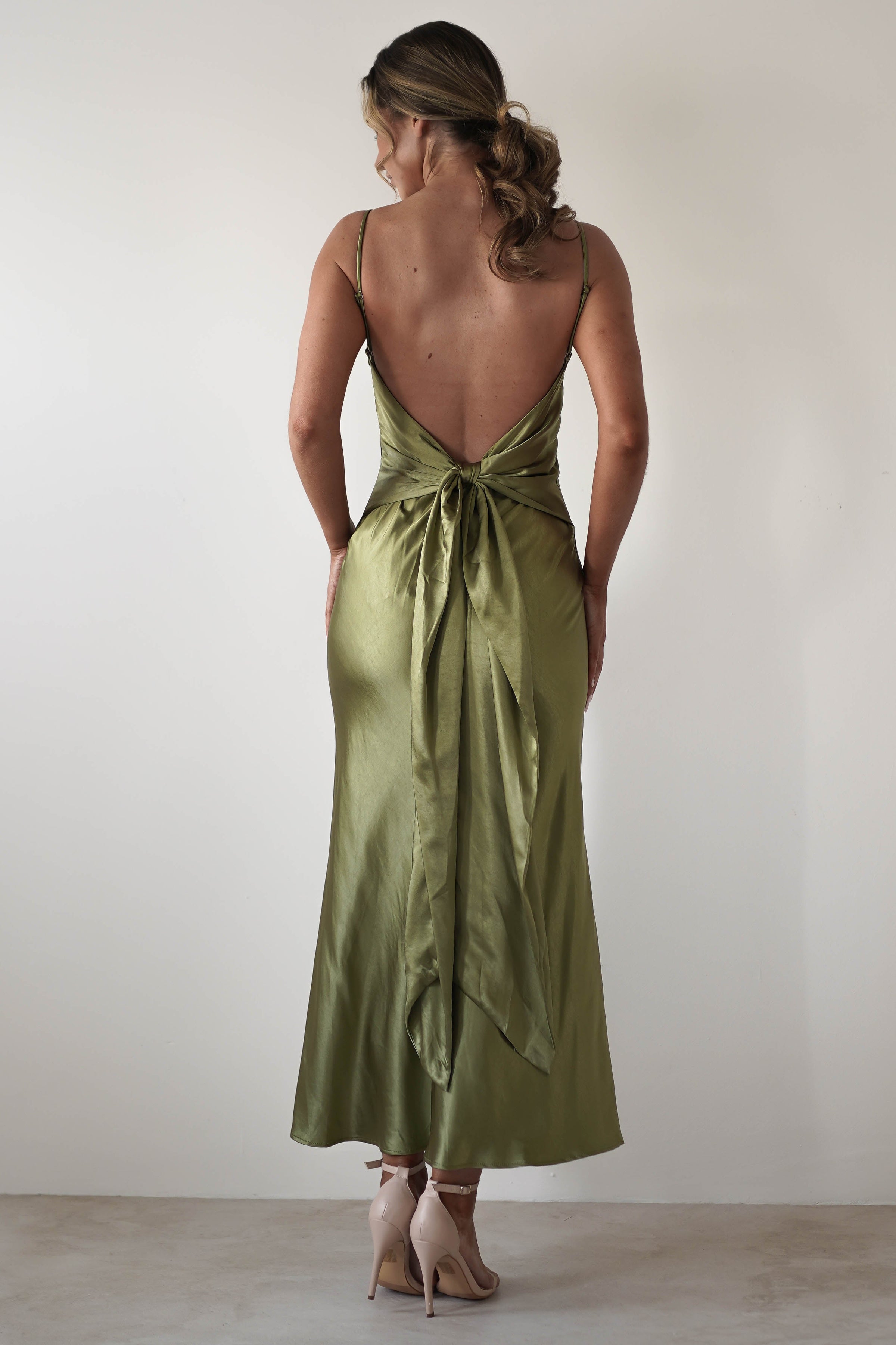 Hermie Silky Satin Maxi Dress | Olive | Oh Hello Clothing