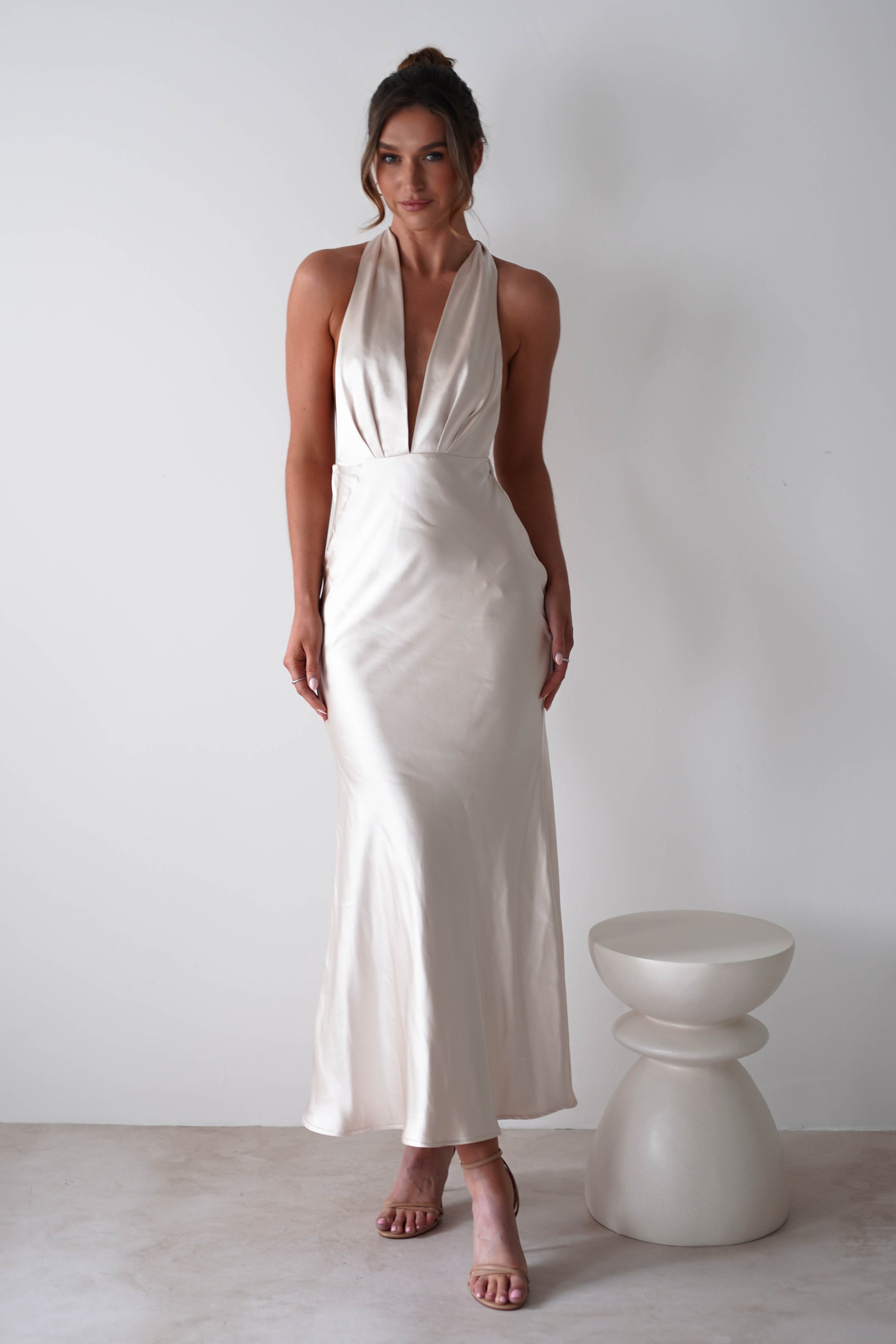 Kaylah Satin Halter Neck Maxi Dress Champagne