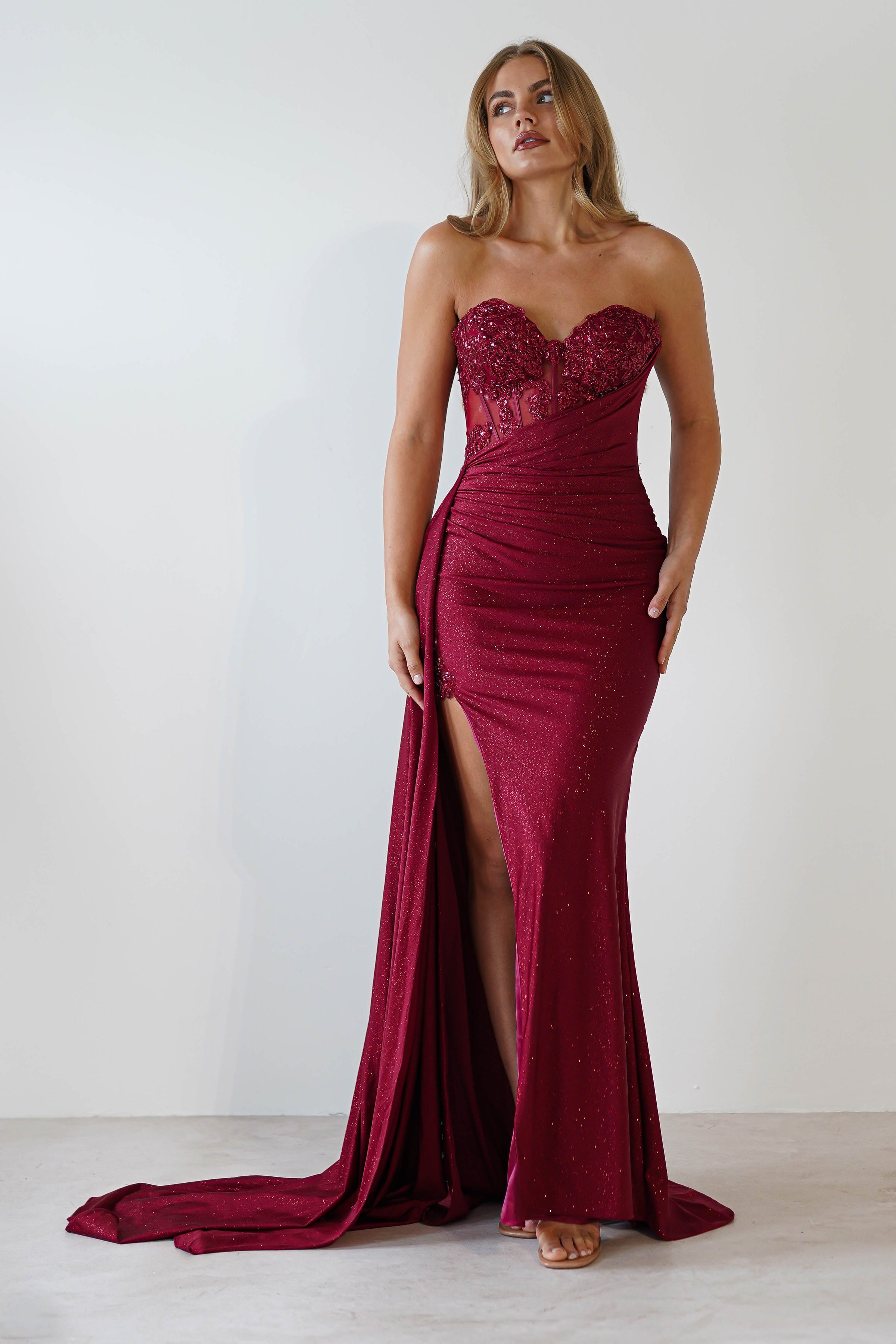 Lavelle Glitter Bodycon Gown | Burgundy | Debs & Prom Dress