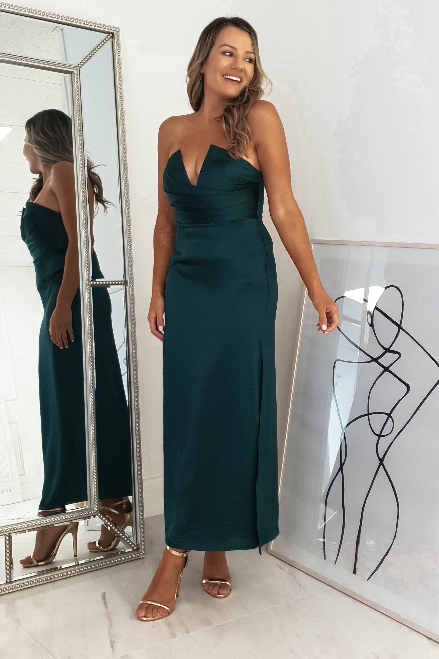Louvre Strapless Satin Midi Dress | Emerald Green